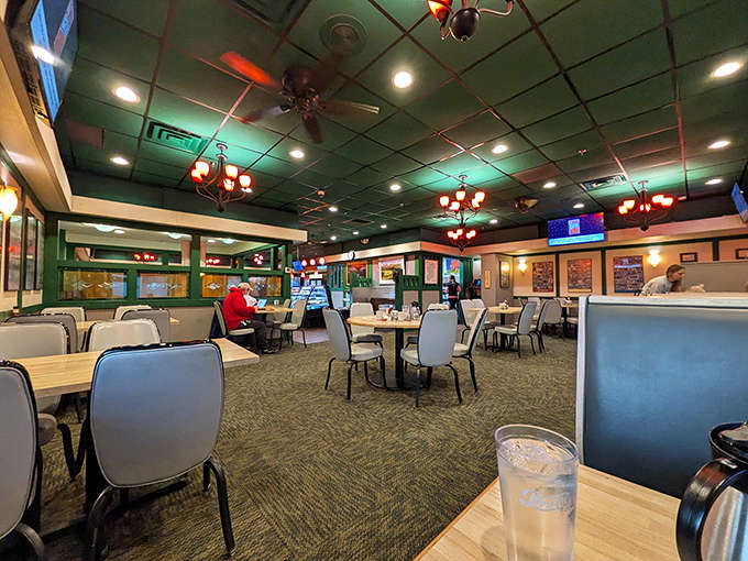 Inside McCormick's, green ceiling tiles and warm lighting create the perfect backdrop for countless family gatherings and morning coffee rituals.