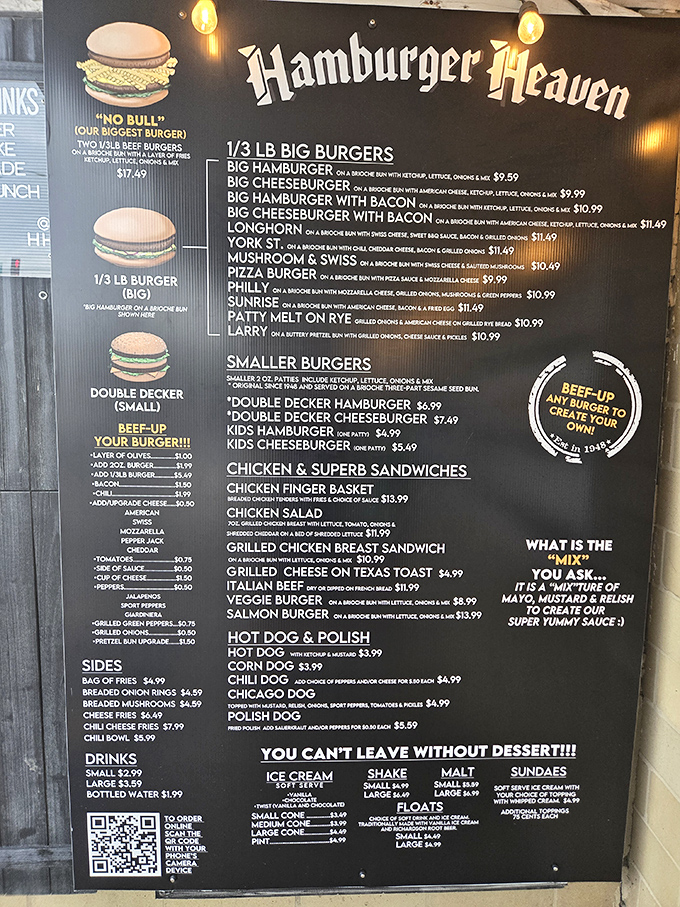 Menu: A treasure map of culinary delights! The Hamburger Heaven menu showcases everything from the mighty "No Bull" to classic shakes, with that irresistible "beef-up your burger" option.