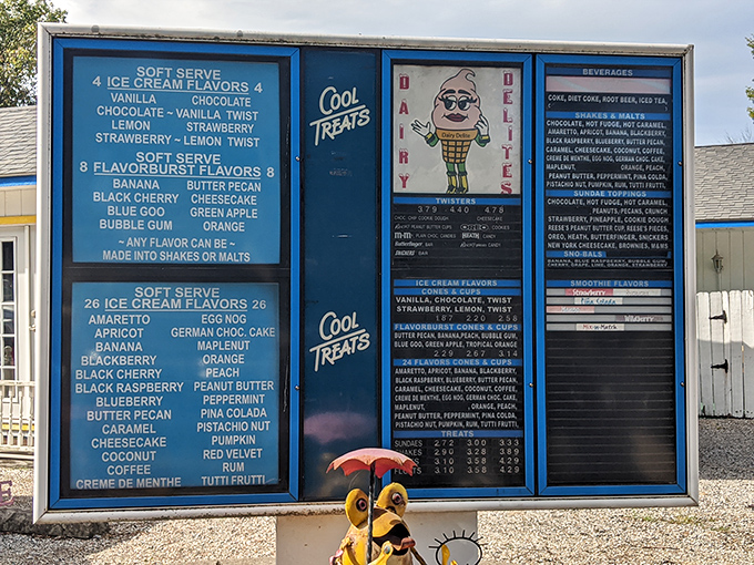 Menu: Flavor paradise on display! Twenty-six soft-serve options that turn decision-making into the sweetest kind of torture.