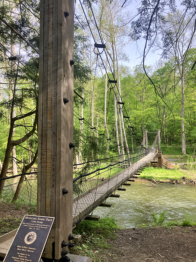 Indiana Jones would approve! Mohican State Park's swinging bridge invites brave souls to cross the Clear Fork River with just the right amount of wobble to make grandma nervous.