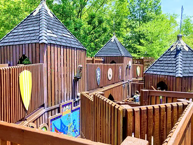 Wooden towers rise like something from a fantasy novel, creating a playground where imagination rules and adventure awaits.