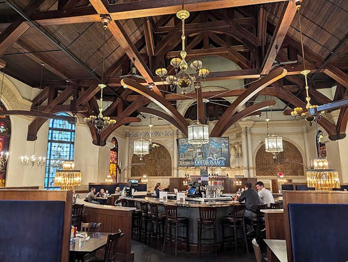 Heaven might have pearly gates, but this cathedral-like interior with soaring wooden beams makes a strong case for divine inspiration in brewery design.