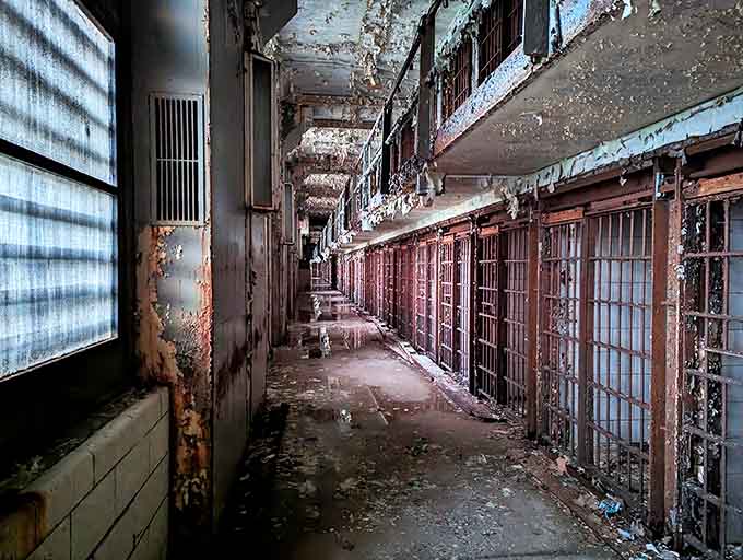 Peeling paint and rusted bars create an eerie beauty that no interior designer could ever intentionally replicate.