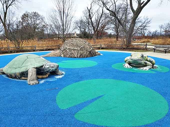 Outdoor recreation spot: Giant turtle sculptures create a whimsical playground where kids can climb while parents secretly wish they could join in the fun too.