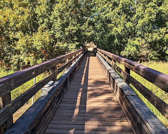 This wooden bridge doesn't just connect trails &ndash; it connects visitors to moments of tranquility where Oak Creek whispers secrets below.