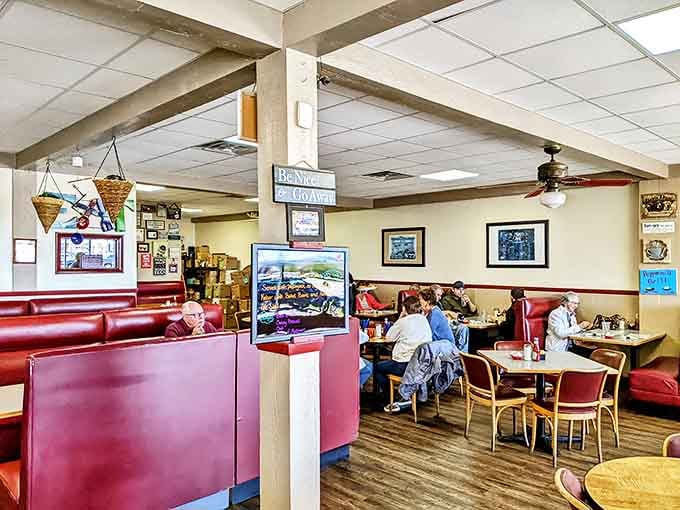 Red vinyl booths and warm wood tones create that "where everybody knows your name" feeling. Breakfast tastes better when comfort is on the menu too!