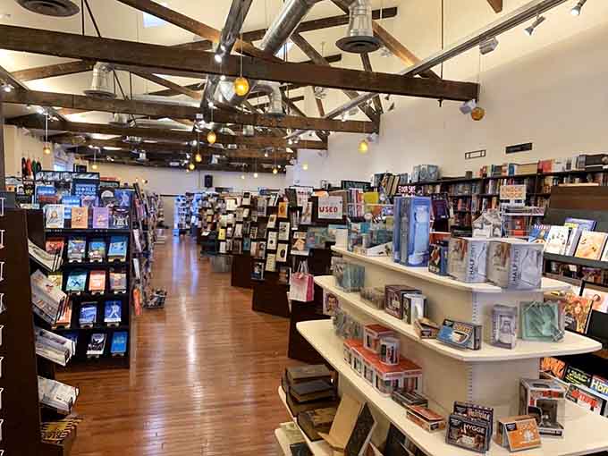 Those exposed beams and endless shelves create an atmosphere where time moves differently, usually slower and more pleasantly.