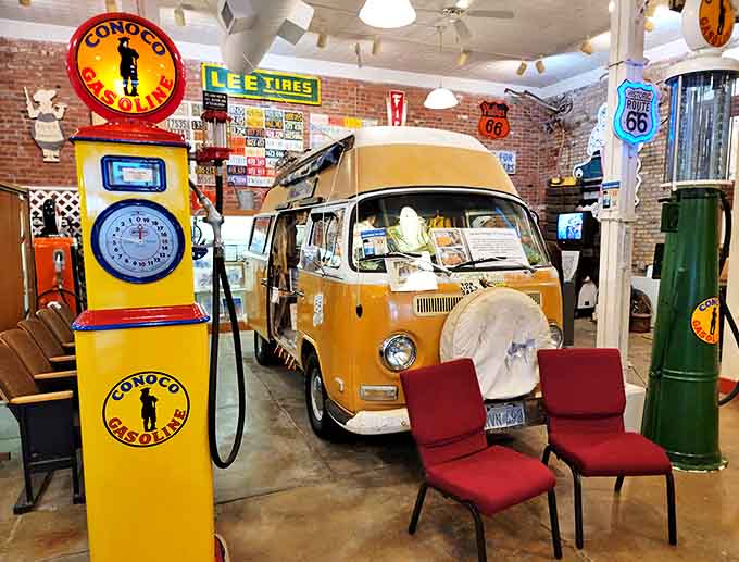 Step inside and you're immediately transported to a gearhead's paradise, where vintage gas pumps and a classic VW bus create the ultimate nostalgic road trip vibe.