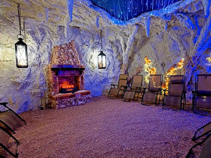 Like stepping into Mother Nature's living room, complete with glowing salt walls, cozy recliners, and a fireplace that makes stress wave the white flag.