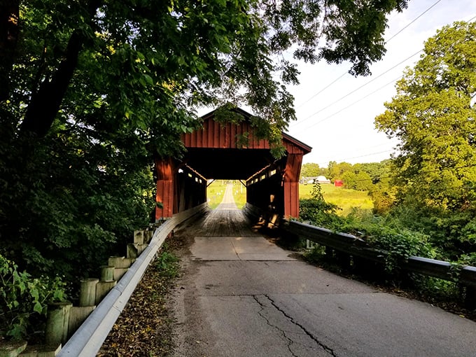 The South Salem Covered Bridge stretches across Buckskin Creek, its weathered timbers creating a perfect frame for nature's ever-changing canvas.