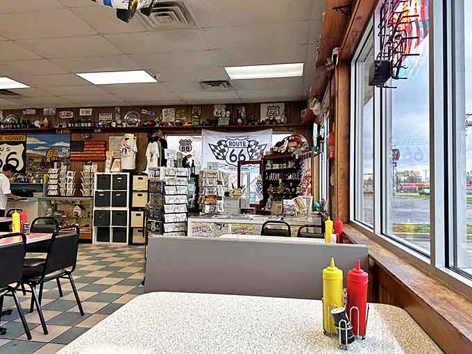 Step inside and travel back in time – Route 66 memorabilia covers every inch of wall space, creating a museum-like atmosphere for hungry visitors.