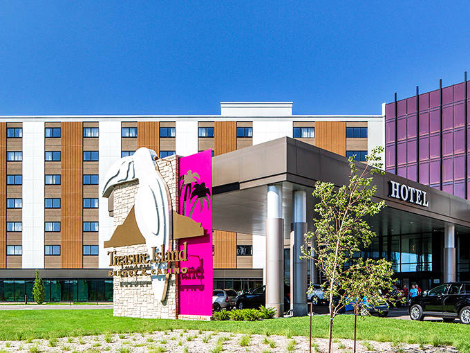 Treasure Island Resort's striking exterior combines modern design with a splash of tropical flair &ndash; like Miami decided to vacation in the Midwest.