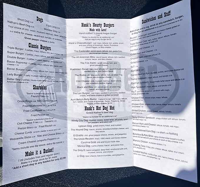 Choose from a variety of juicy burgers, classic hot dogs, and crispy sharables on this extensive, mouthwatering menu.