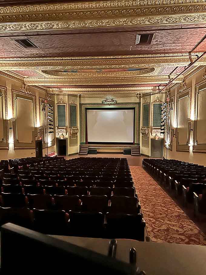 Step into a time capsule of 1920s elegance with the Riviera's meticulously preserved theater interior, where gold accents and ornate details transport visitors to cinema's golden age.