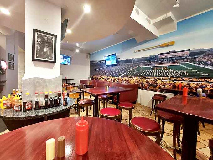 Step inside and the retro-meets-modern vibe hits you, complete with sports murals that make waiting for your food almost bearable.