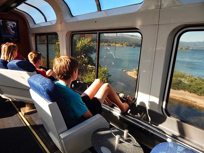 Passengers enjoy panoramic views from the observation car as the train glides alongside a stunning lake vista.