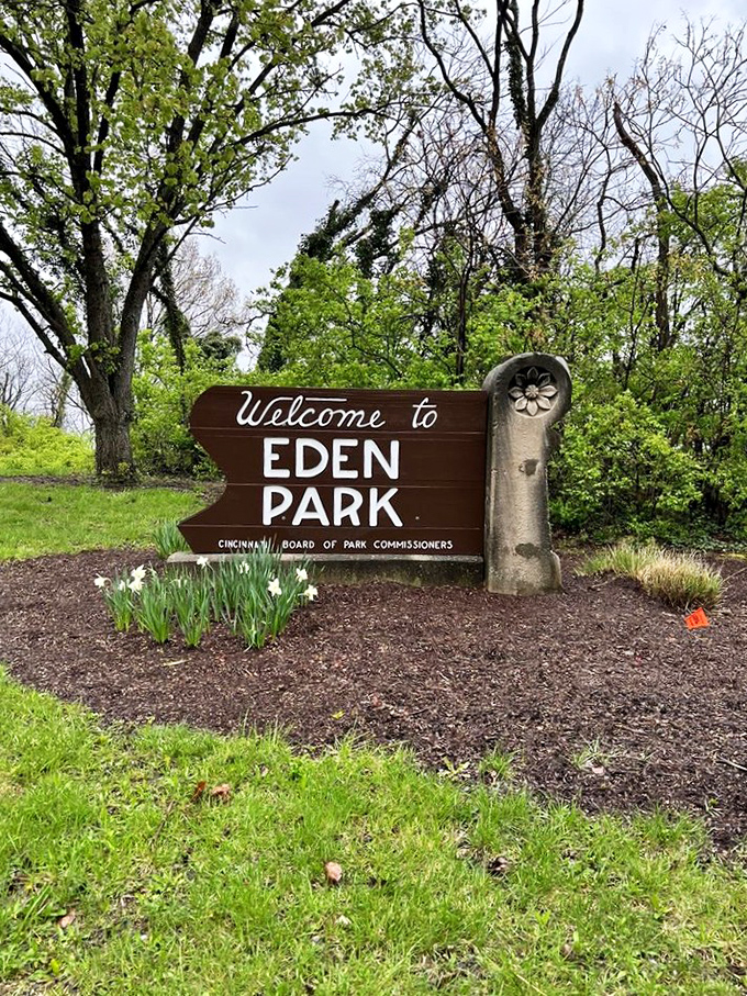 The welcoming embrace of Eden Park's entrance sign, where everyday worries begin to fade with each step inside.