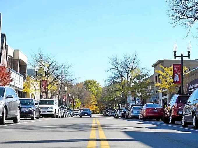 Tree-lined streets and local businesses create the perfect backdrop for an afternoon of leisurely exploration.