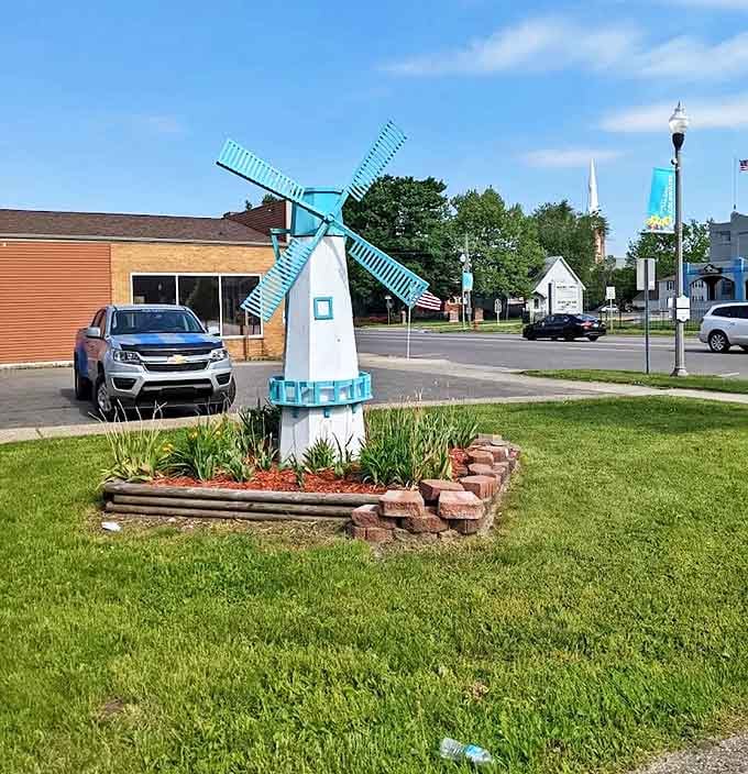 This charming blue windmill stands as Coldwater's unofficial lighthouse, guiding hungry souls toward donut salvation with its cheerful presence.