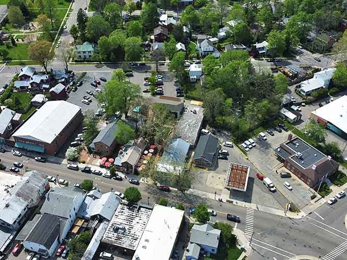 From above, Yellow Springs reveals itself as a perfect patchwork of greenery, historic architecture, and community spaces where life happens at human scale.