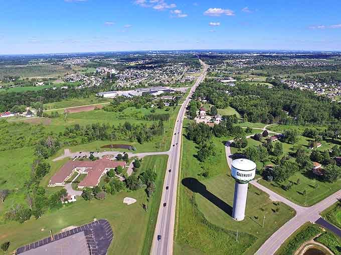From above, Greenville unfolds like a patchwork quilt of green spaces, neat neighborhoods, and that unmistakable water tower &ndash; small-town America at its finest.