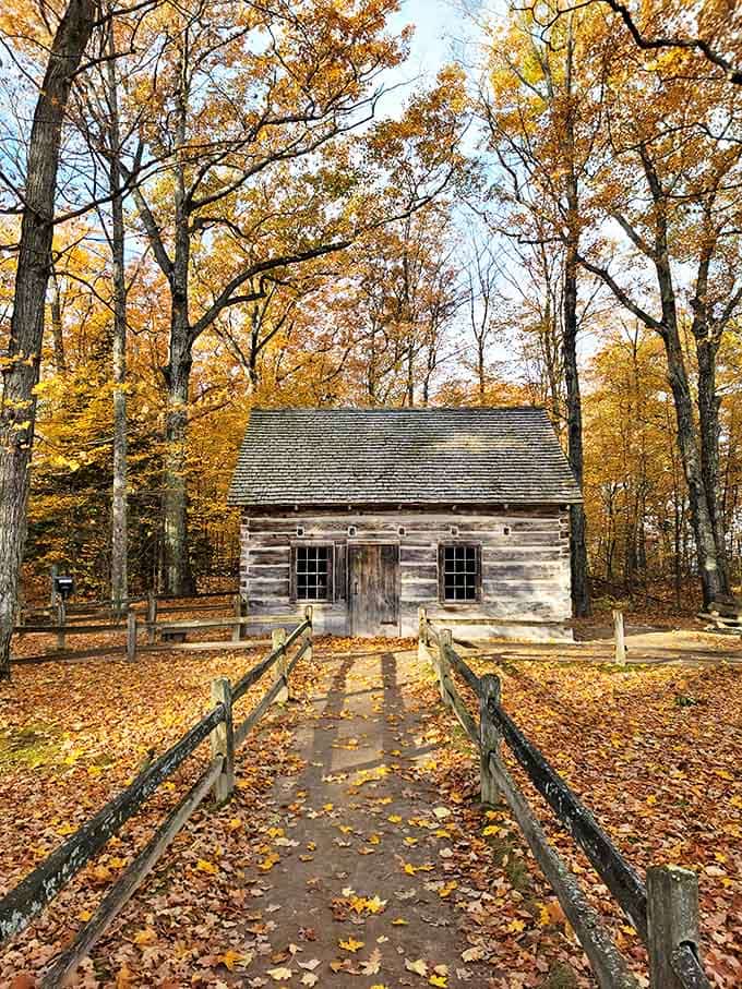 The rustic log cabin nestled among autumn leaves tells stories of pioneer life, its weathered walls a testament to Michigan's frontier days.