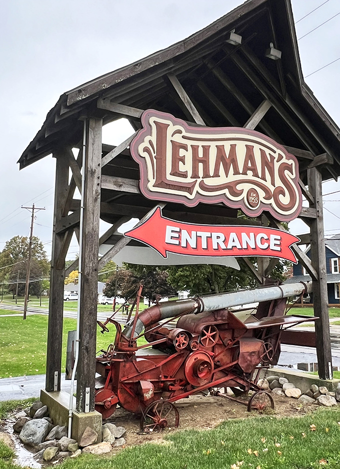 Not just an entrance sign&mdash;it's a portal to the past, complete with vintage farm equipment that once tilled American soil.