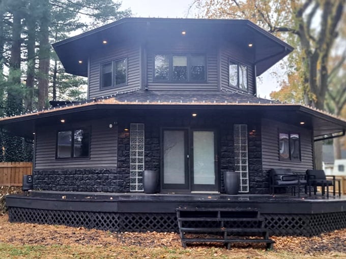 Twilight transforms this dark dwelling into a silhouette against the sky &ndash; Halloween vibes available year-round for the perpetually spooky.