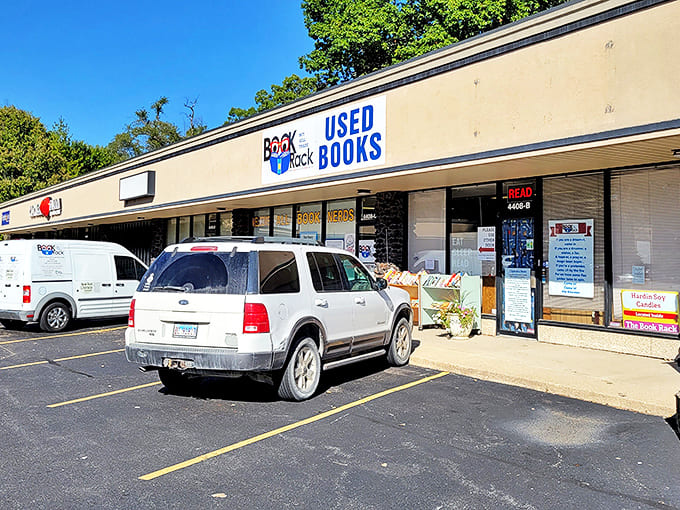 Book Rack's welcoming exterior promises literary treasures for those brave enough to venture beyond digital screens.