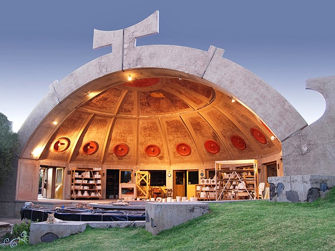 The iconic dome-shaped structure stands as Arcosanti's architectural crown jewel, capturing desert light and imagination in equal measure.