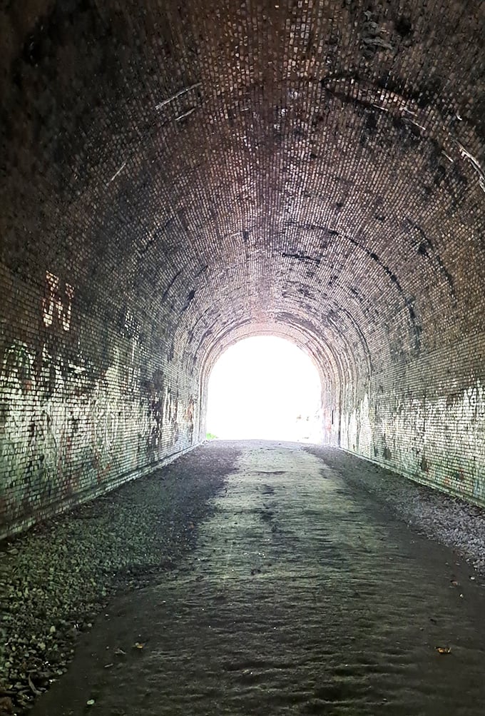 Inside the tunnel, brick patterns create a mesmerizing path toward daylight, each shadow telling its own story.
