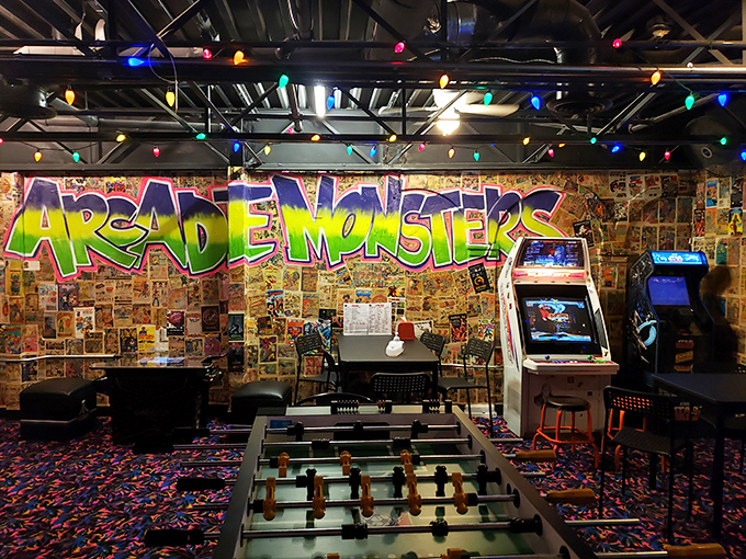 The Arcade Monsters sign glows like a beacon for fun-seekers, with classic arcade cabinets standing guard in this temple of gaming nostalgia.