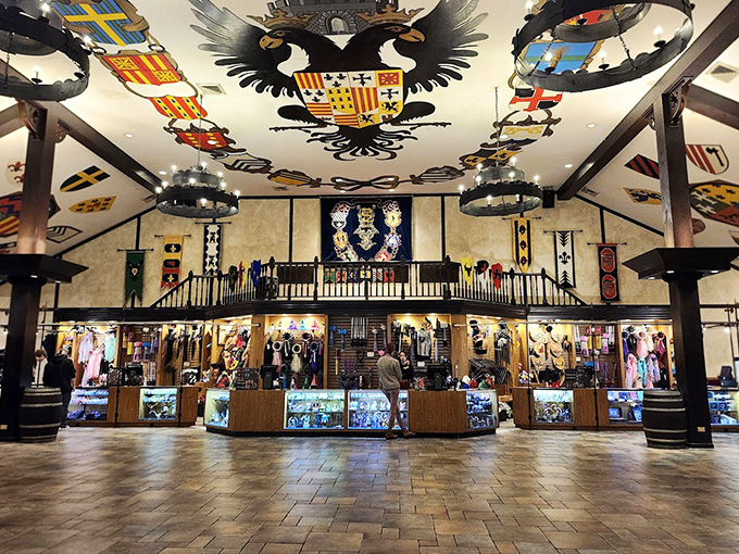 Step inside the grand hall where heraldic banners and coats of arms transport you to another era of royal pageantry.