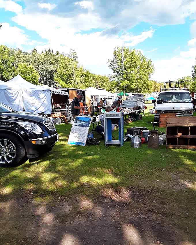 Vehicles line the grassy field as vendors display their wares, creating an impromptu neighborhood of nostalgia hunters and bargain seekers.