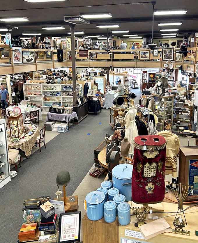 A bird's-eye view of the shop's interior reveals a carefully organized chaos of history, where every aisle leads to new discoveries.
