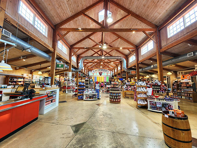 Wooden beams soar overhead in this jam-packed wonderland, where the cathedral-like interior makes shopping for spreads feel like a religious experience.