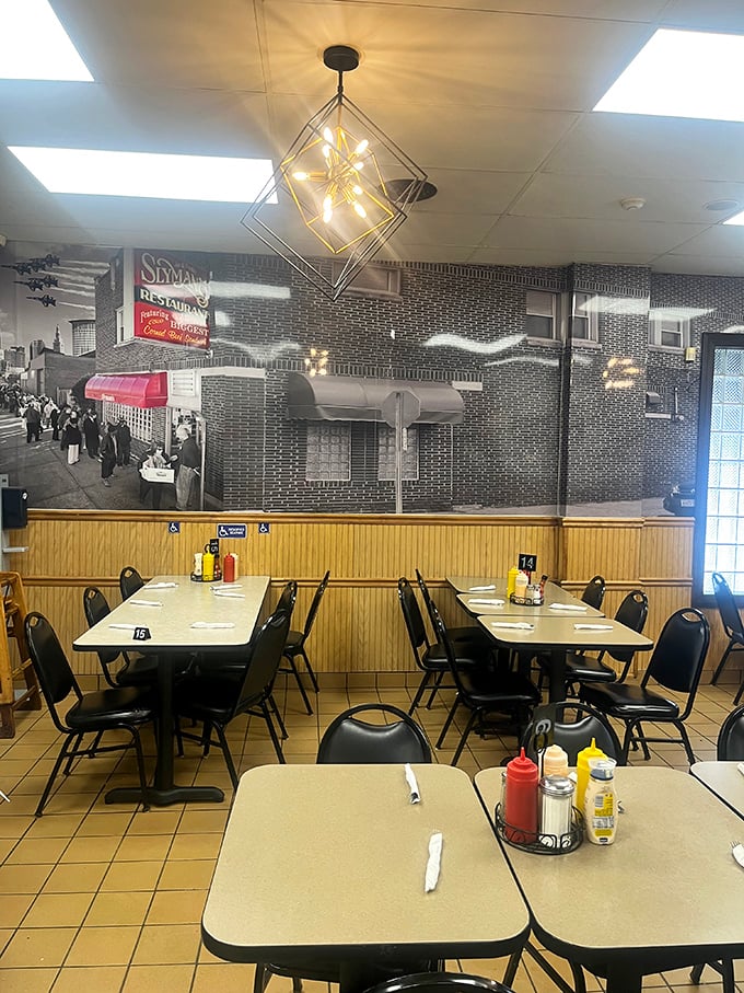 Inside Slyman's, vintage photographs and modern lighting create an atmosphere where Cleveland's past meets its hungry present.