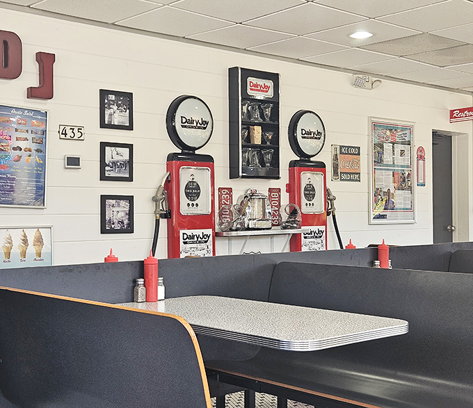 Vintage gas pumps transformed into decor pieces tell you everything &ndash; this isn't just food, it's time travel with sprinkles on top.