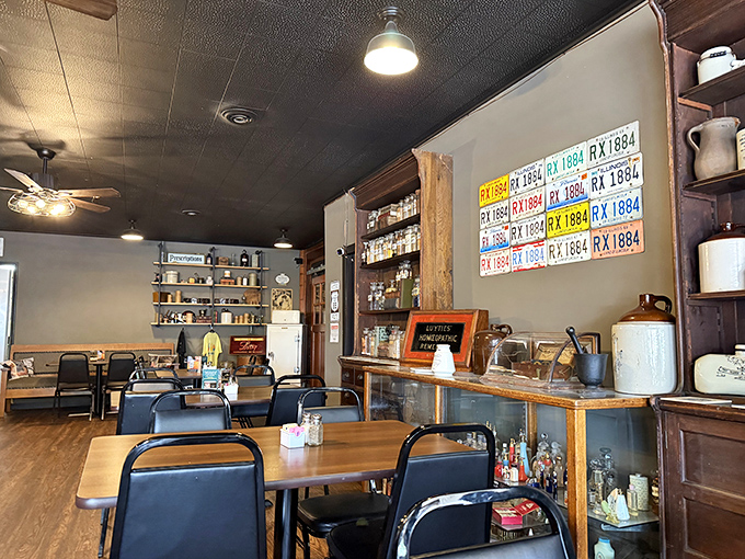 Where nostalgia meets comfort &ndash; the interior of Docs blends vintage pharmacy elements with cozy diner charm for a truly authentic experience.