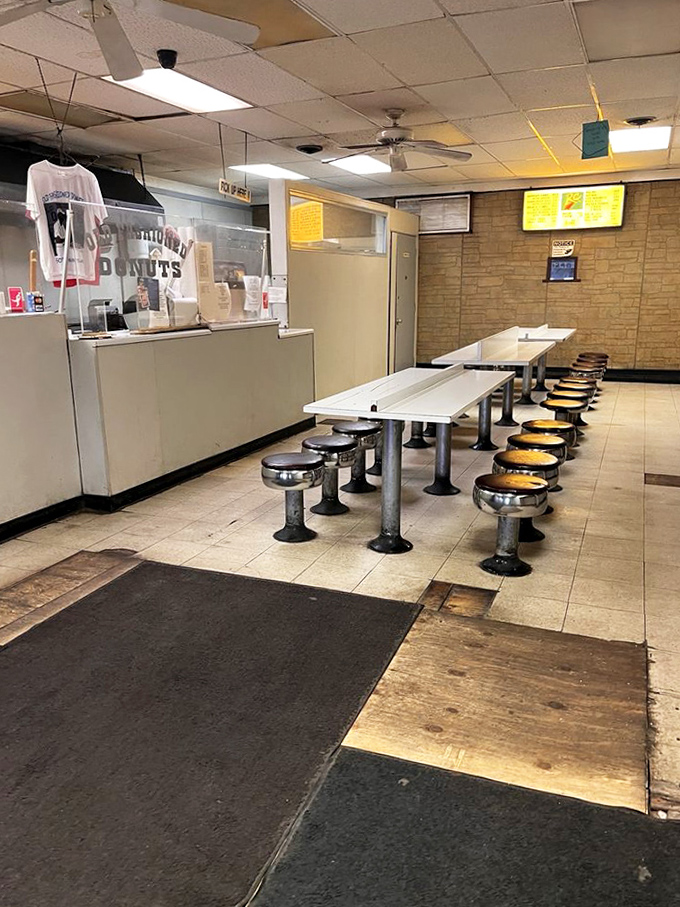 No-frills counter seating with vintage metal stools creates the perfect backdrop for donut enjoyment&mdash;simple, functional, and authentically Chicago.