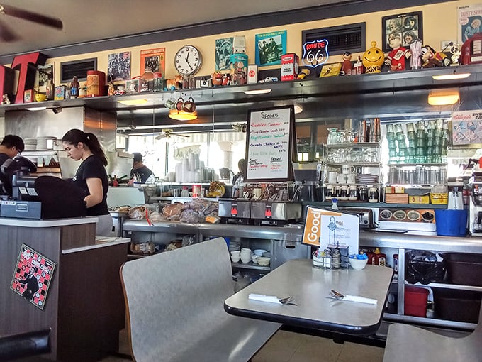 The bustling interior reveals where breakfast dreams come true &ndash; vintage memorabilia watches over diners as plates of enormous goodness emerge from the kitchen.