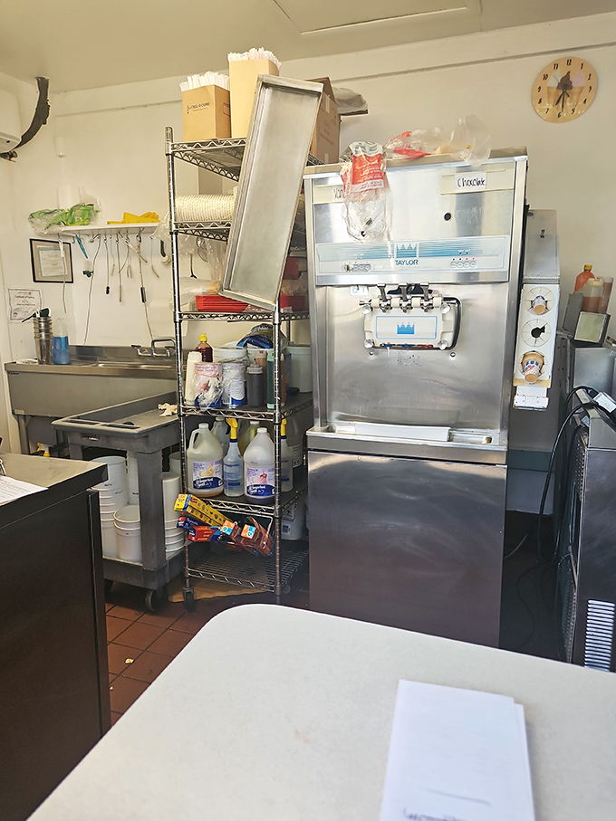 Behind the scenes magic happens in this no-frills kitchen where ice cream dreams are crafted daily with mechanical precision and human passion.