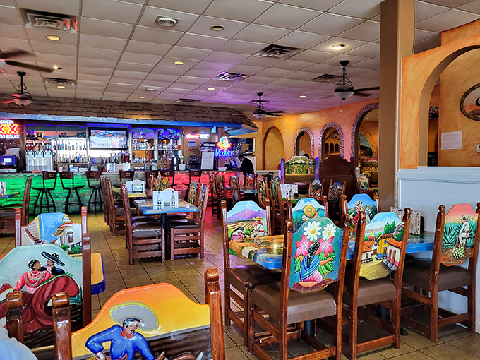 Hand-painted chairs tell stories of Mexican village life while warm terra cotta walls create an instant vacation vibe that makes winter seem miles away.