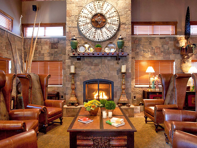 Sink into these leather chairs by the stone fireplace and you might forget you're in the Midwest &ndash; cozy elegance that invites long conversations.