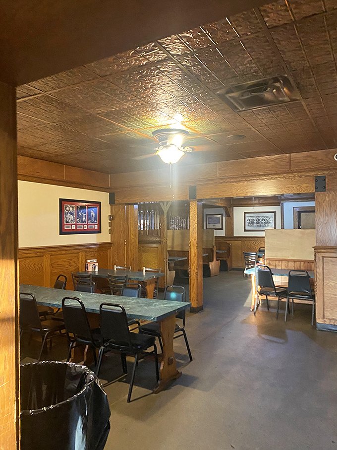 Step inside to discover warm wood paneling and a tin ceiling that speaks to the restaurant's no-nonsense approach to dining.