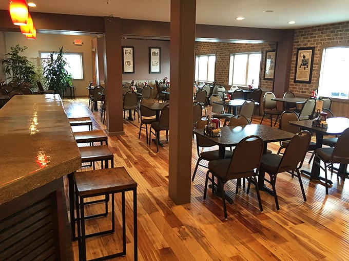 Warm wood tones and exposed brick create an atmosphere where you'll want to linger long after the plates are cleared.