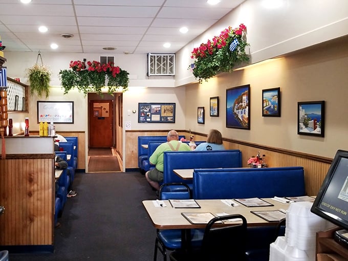 Cozy blue booths and warm wood paneling create that perfect "neighborhood taverna" vibe that makes regulars feel right at home.