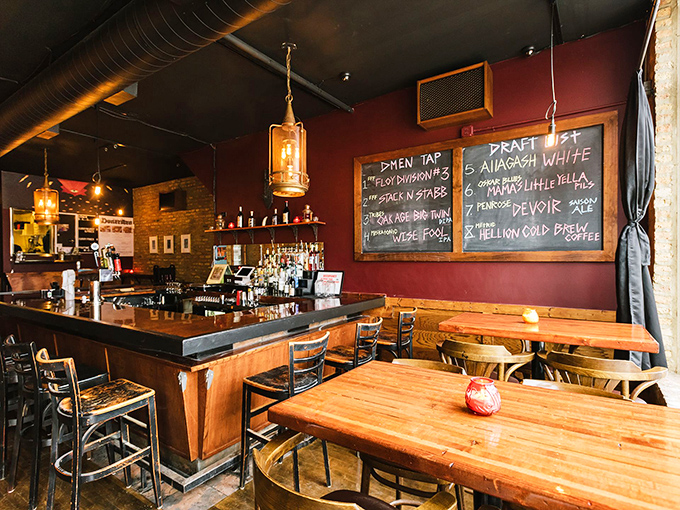Warm wood, exposed brick, and a chalkboard of magical brews &ndash; the bar area feels like a tavern from your favorite fantasy realm.
