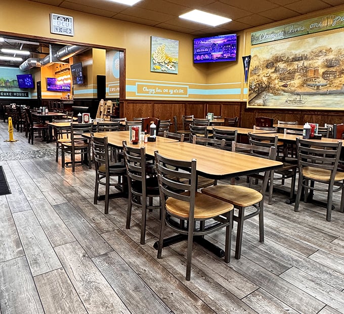 Warm wood tones and comfortable seating create the perfect backdrop for breakfast conversations that flow as easily as the coffee.