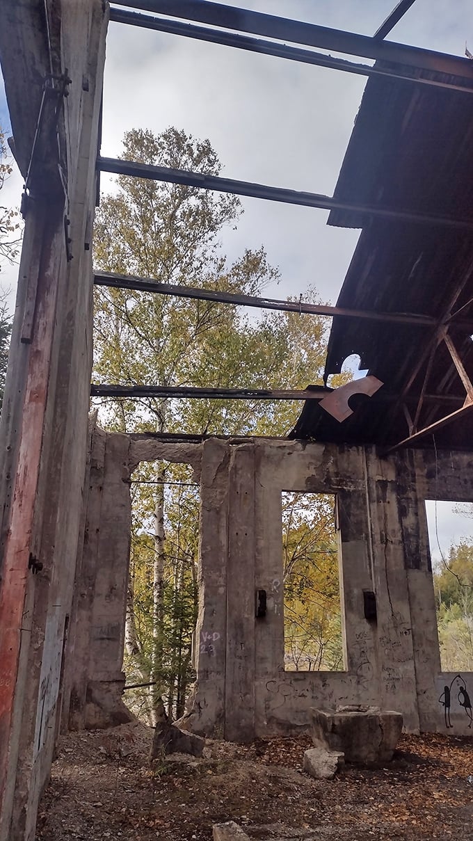 Sunlight streams through the roofless interior, creating a natural cathedral where industrial machinery once roared to life in Michigan's limestone heyday.